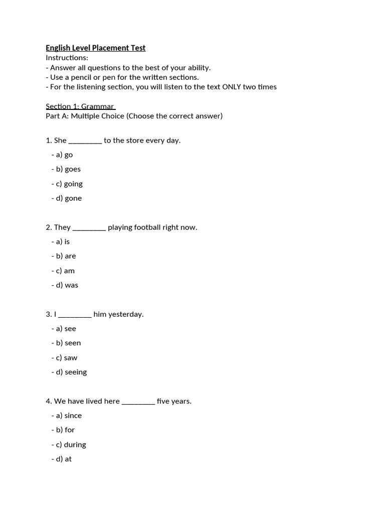 English Level Placement Test Guide | PDF
