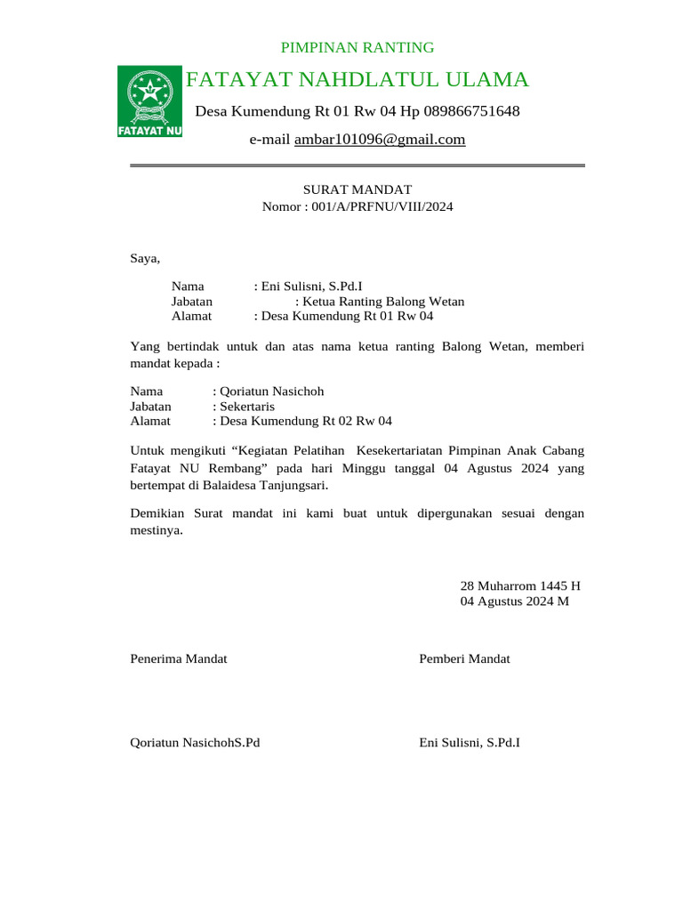 FATAYAT SURAT MANDAT RANTING BALONG WETAN | PDF