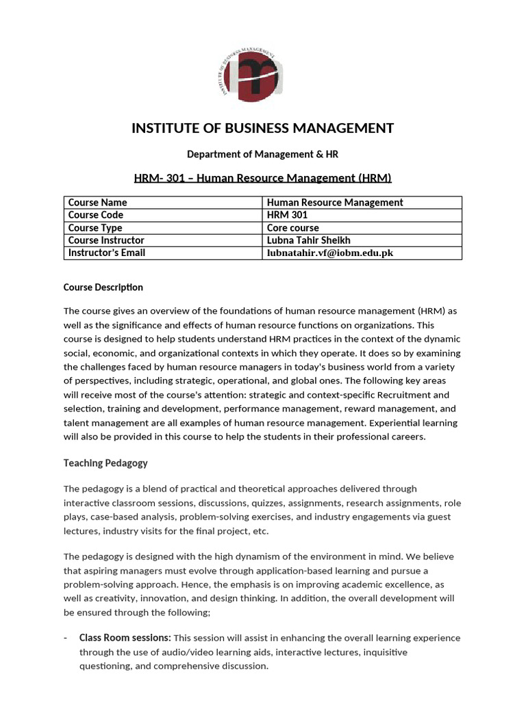 Course Outline HRM 301 - Human Resource Management (1) For Fall 2024 | PDF | Human Resource ...