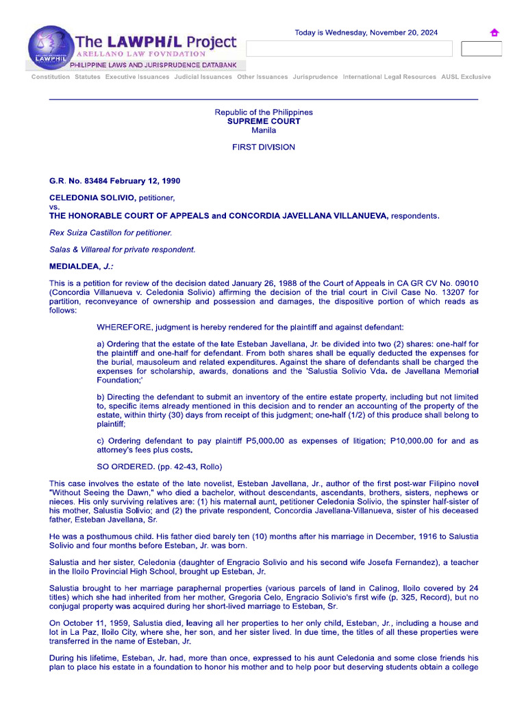 Solivio v. CA, G.R.No. 83484, 1990 | PDF