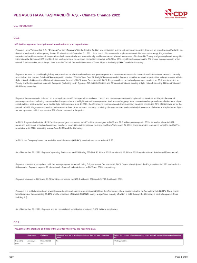 Pegasus Airlines 2022 CDP Report | PDF | Risk | Climate Change