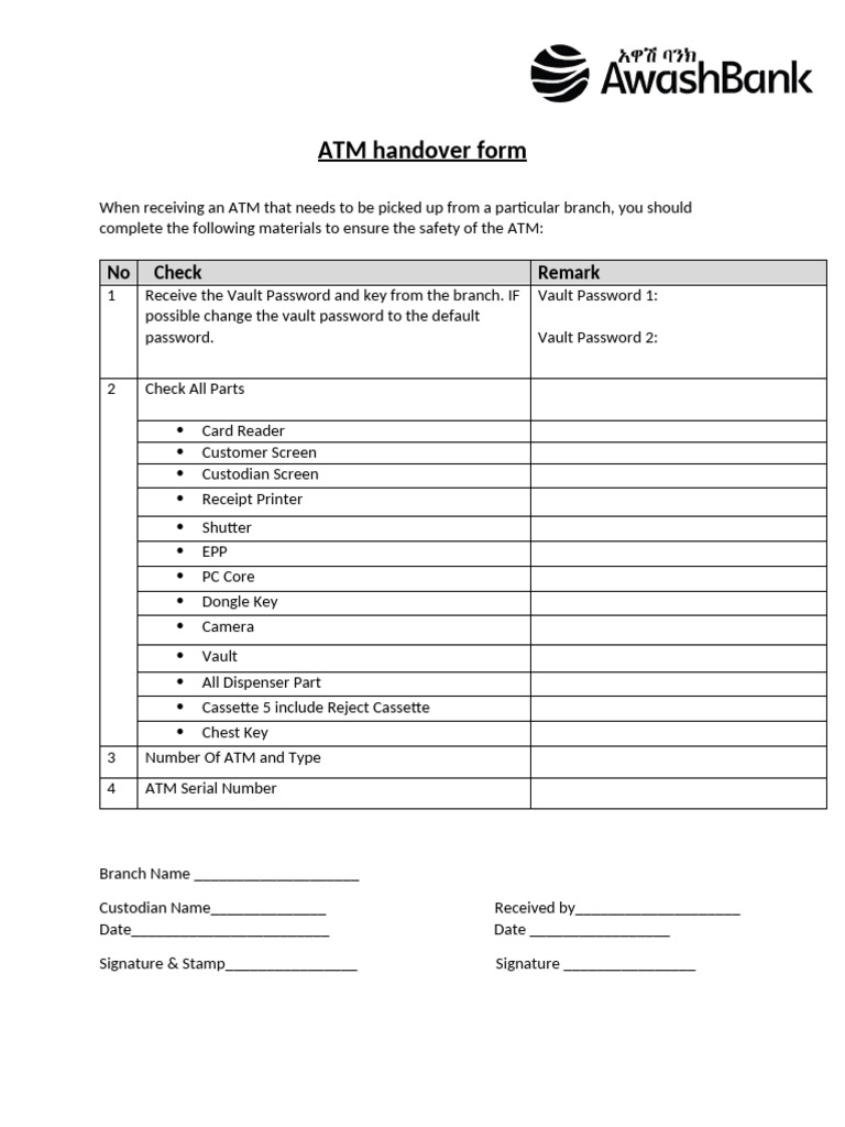 ATM Hand Over Form (2) | PDF