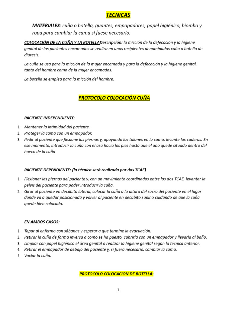 Protocolo Tema 2.5 Colocacion de Cuña y Botella | PDF