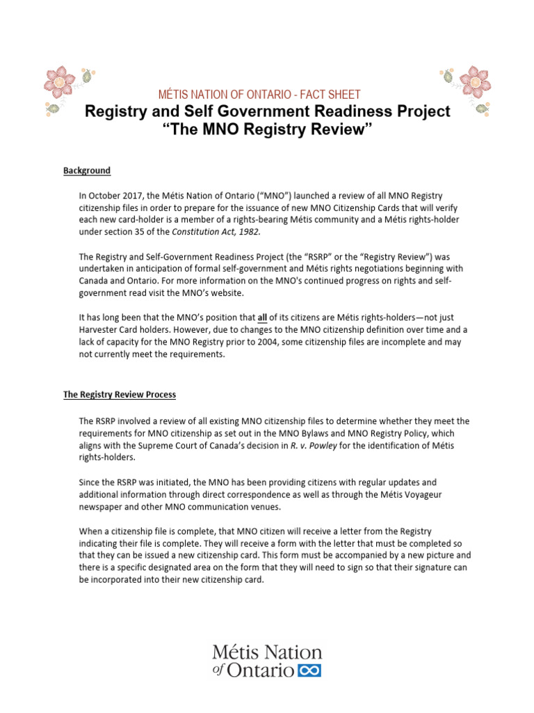 Fact Sheet Mno Registry Review | PDF | Métis | Government