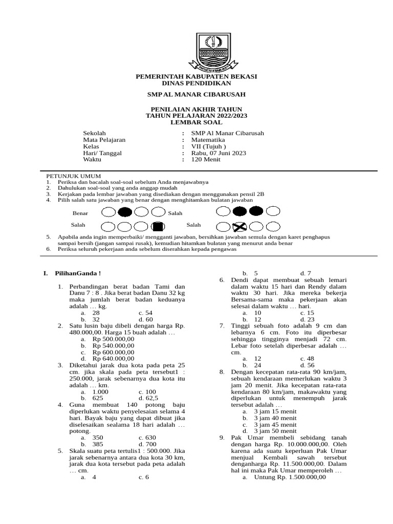 Soal - Pat - Kelas - 7 (1) MTK 2223 | PDF