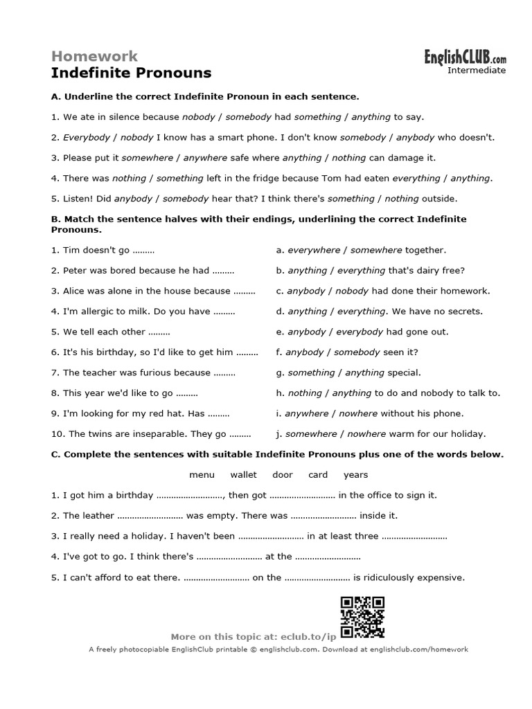 Indefinite Pronouns Exercises for Grade 7 | PDF | Foreign Language Studies