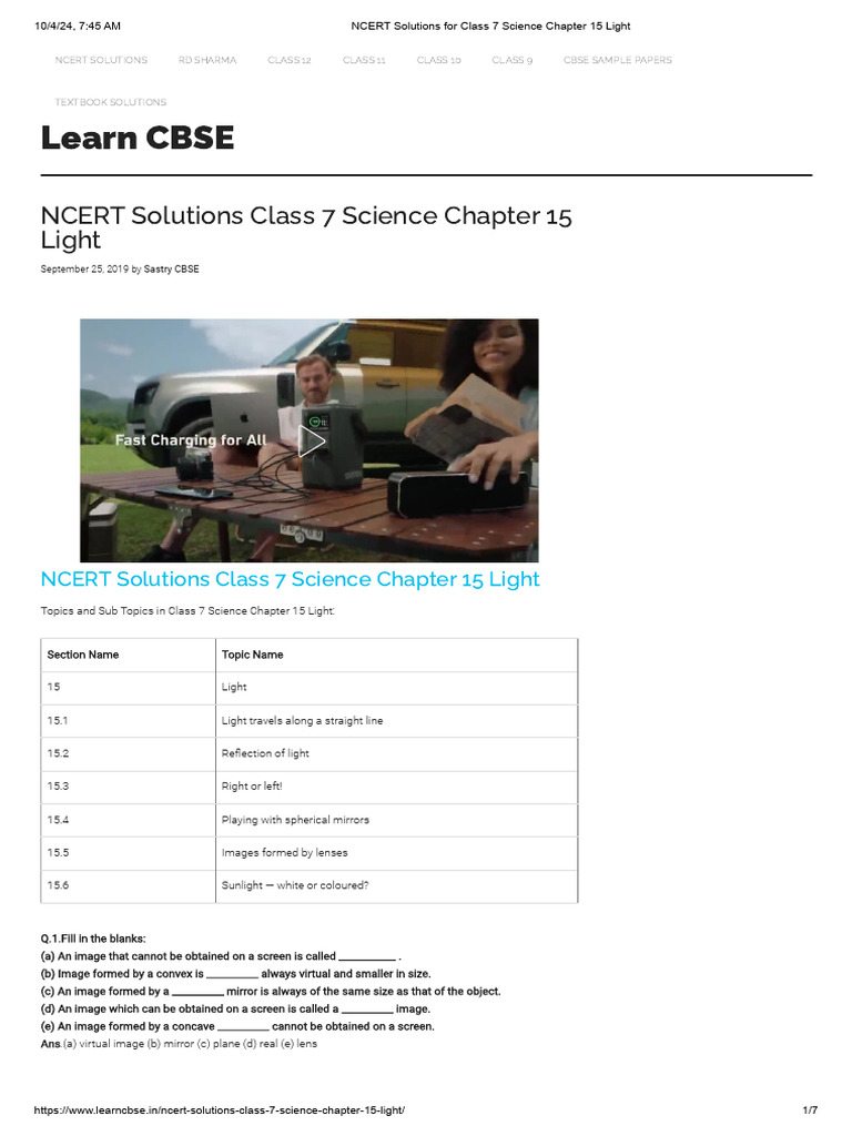 NCERT Class 7 Science Light Solutions | PDF | Mirror | Optics