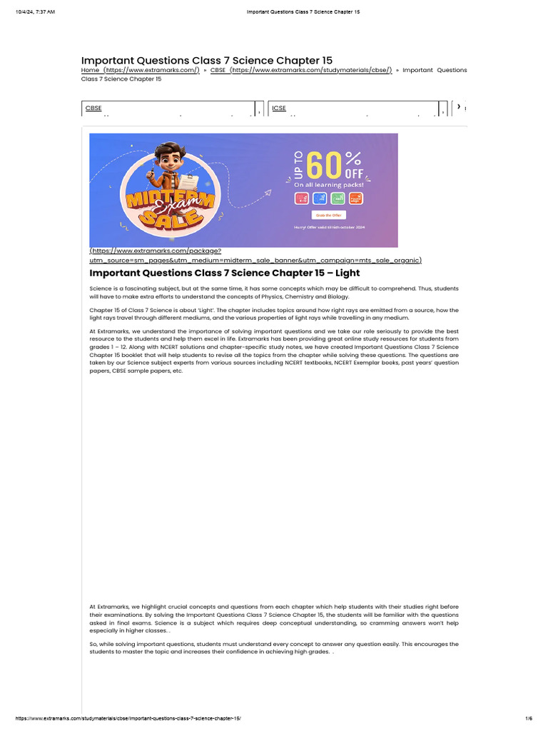 Important Questions Class 7 Science Chapter 15 | PDF | Mirror ...