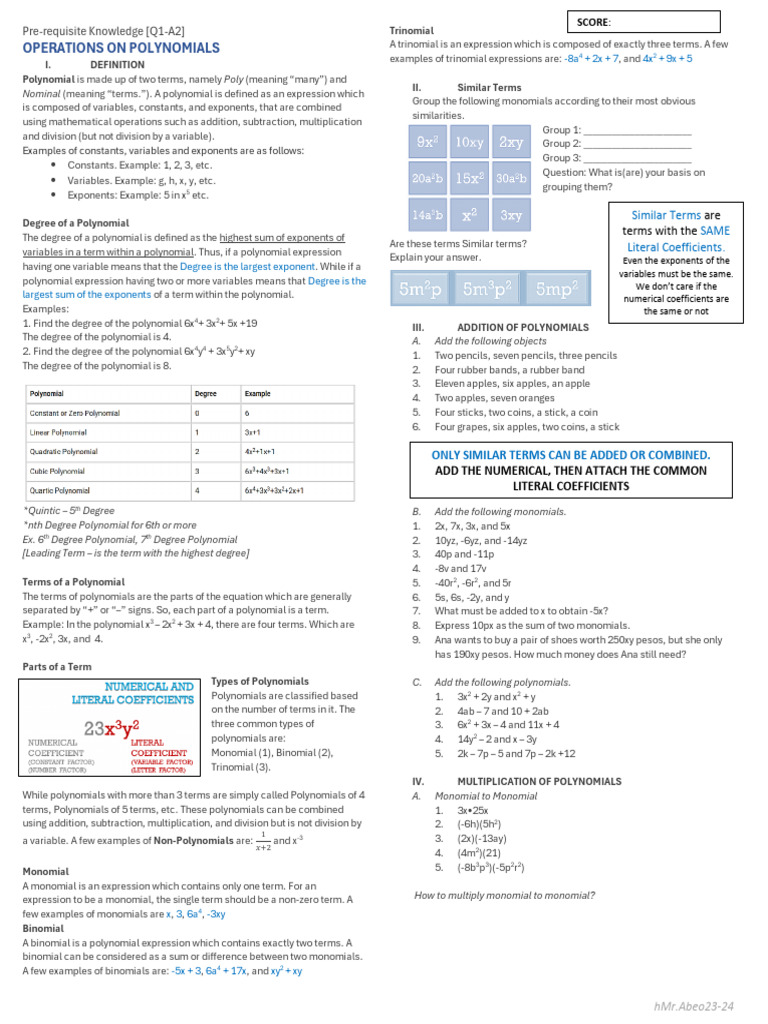 Q1A2 Operation On Polynomials | PDF | Polynomial | Mathematics Of Computing