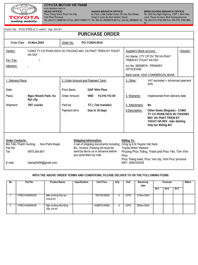 Purchase Orders PO-112024-0034 | PDF | Vietnam | Military Of Vietnam