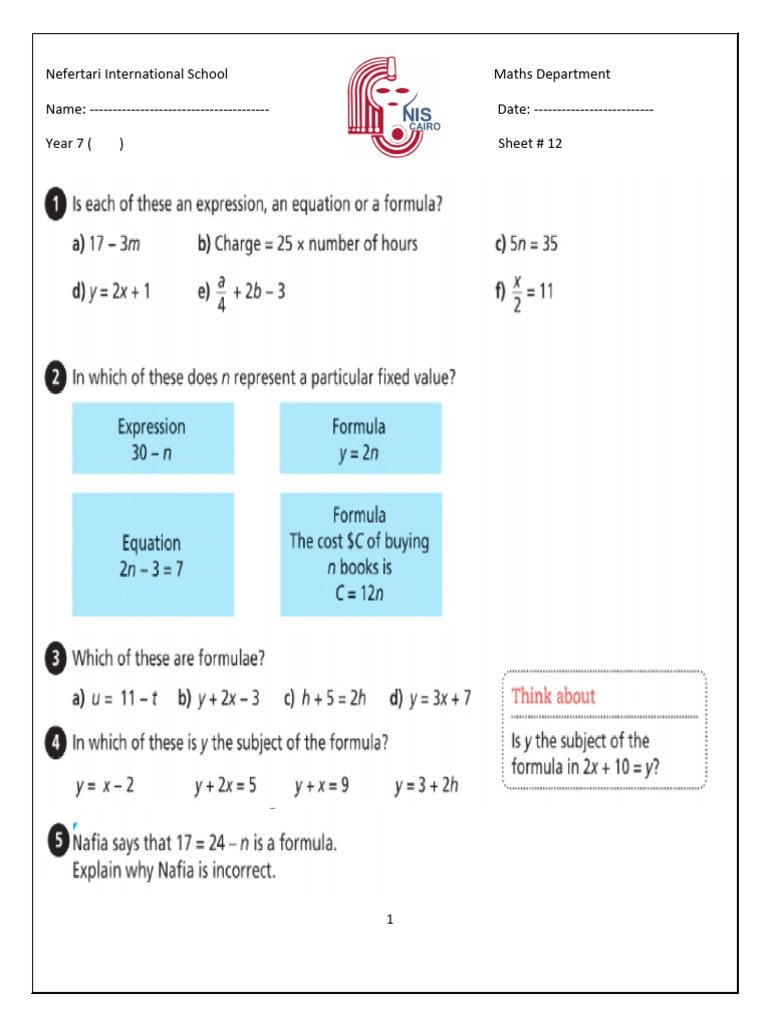 Sheet 12-Expressions, Equations& Formula | PDF | Teaching Methods ...