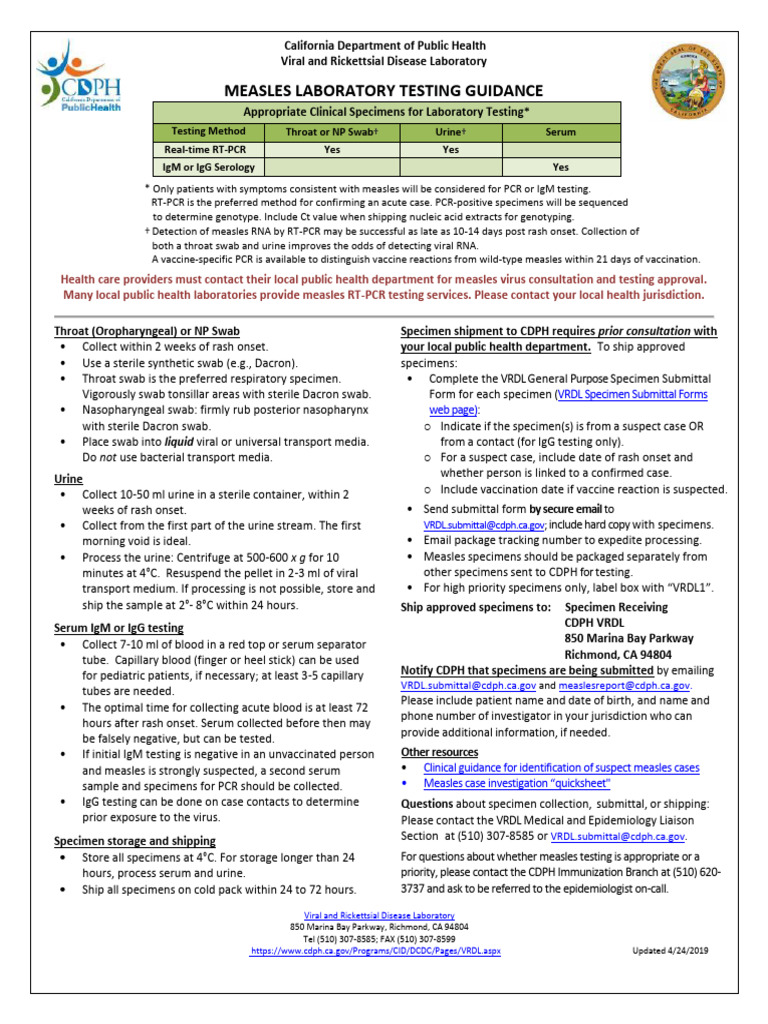 Measles Testing Guidelines in California | PDF | Measles | Microbiology