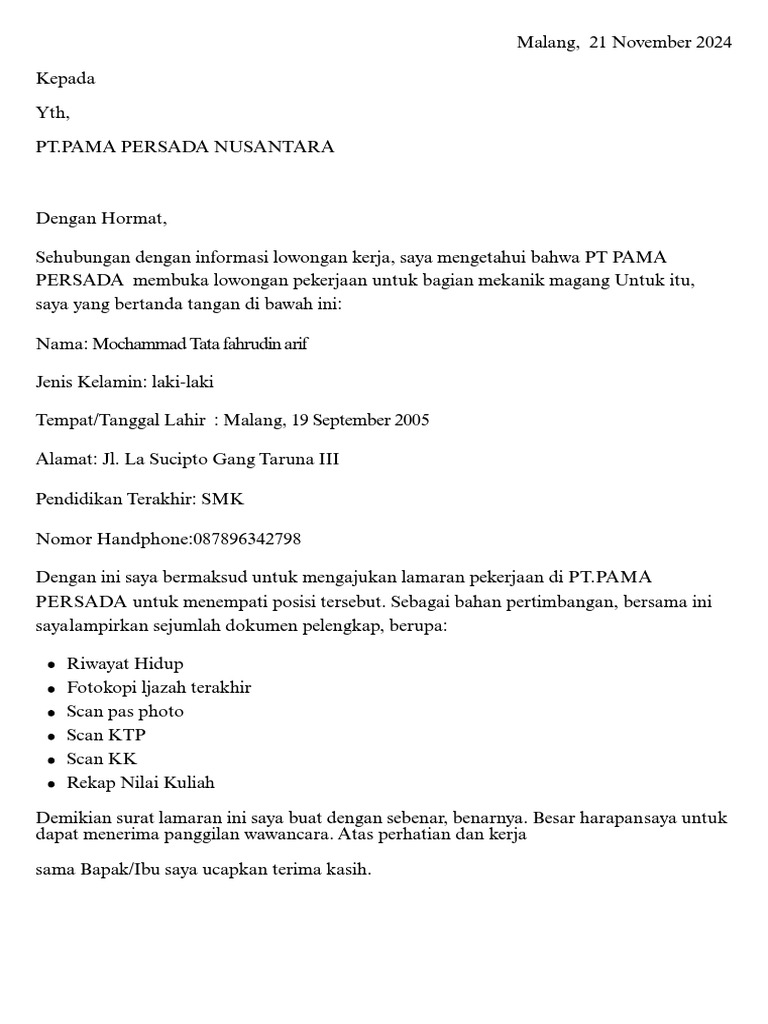 Surat Lamaran Pt. Pama PDF | PDF