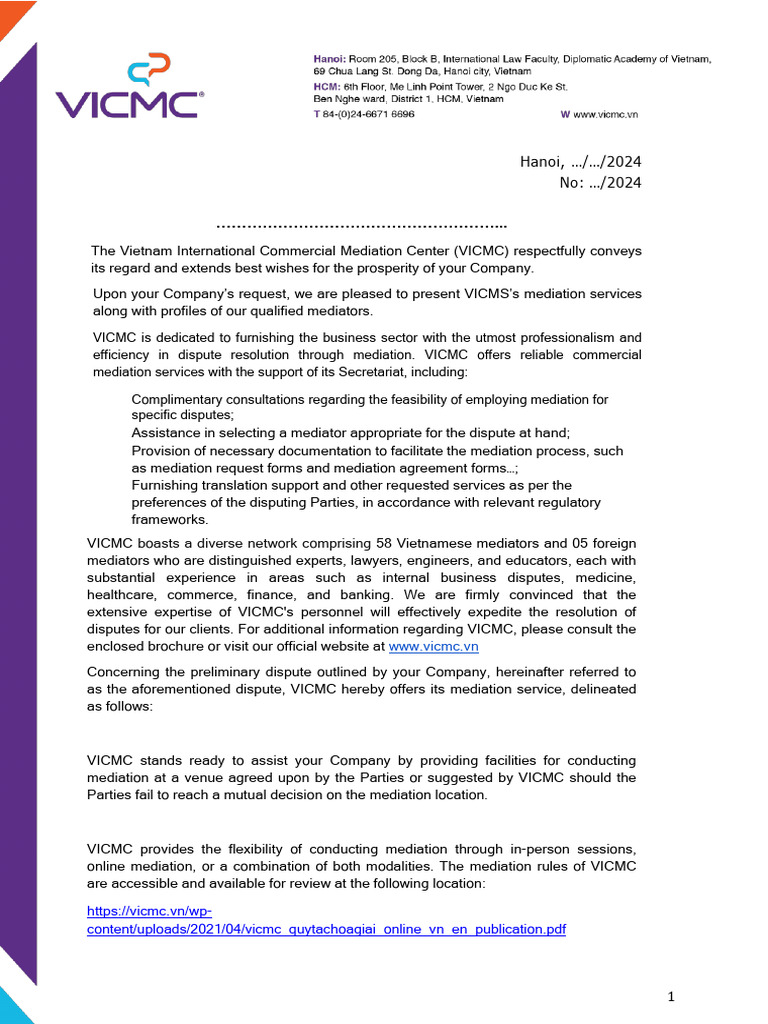 VICMC Cong Van Gui Cong Ty - English | PDF | Mediation | Vietnam