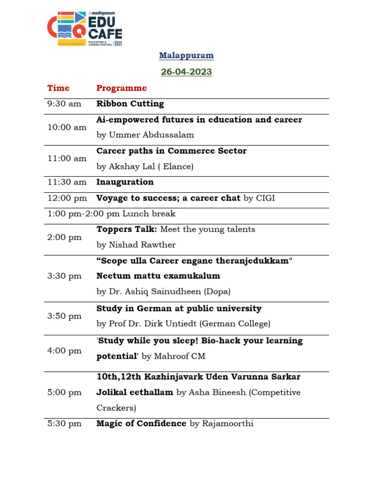 Educafe Schedule Kerala 2023 | PDF