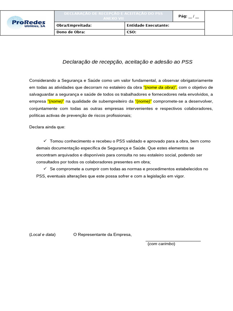 Anexo VII - Declaração de Recepção e Aceitação de PSS | PDF