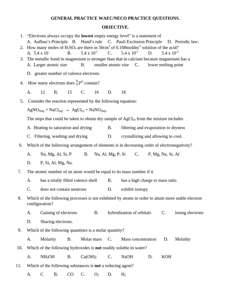 Objective General Practice Waec | PDF | Chemical Bond | Chemical Reactions