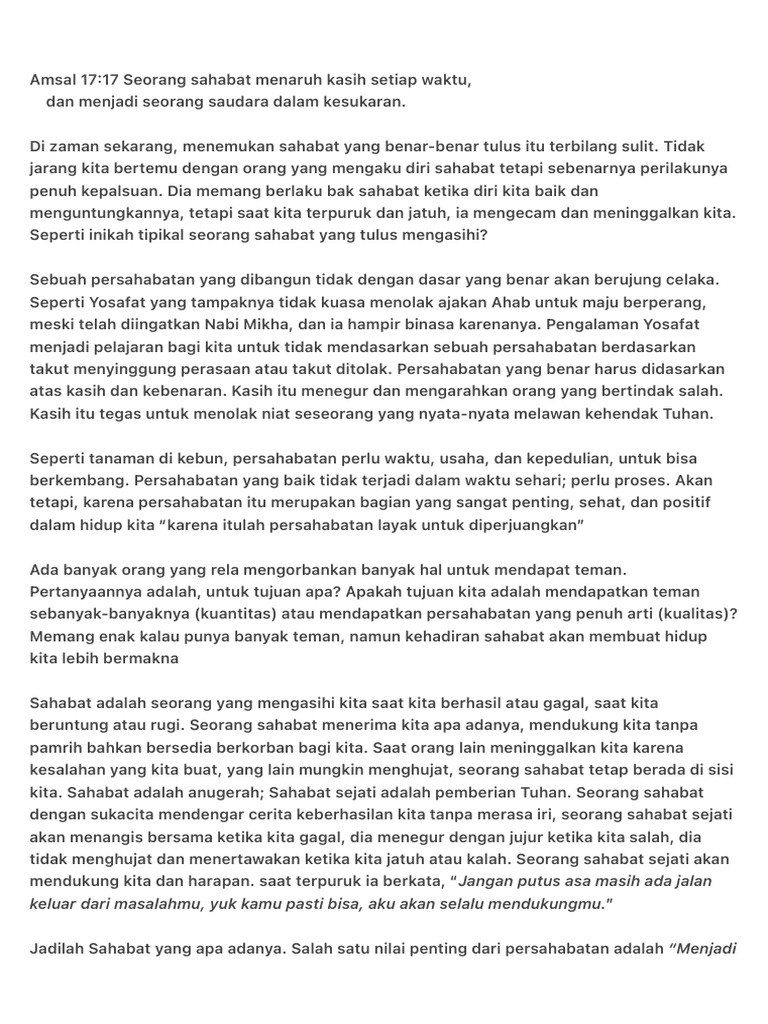 Amsal 17:17 Seorang Sahabat Menaruh Kasih Setiap Waktu | PDF