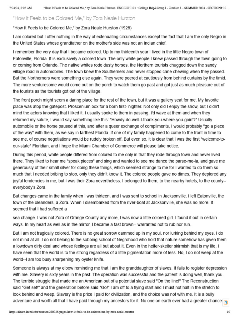 How It Feels To Be Colored Me, - by Zora Neale Hurston - ENGLISH 101 - College Rdg&Comp I ...