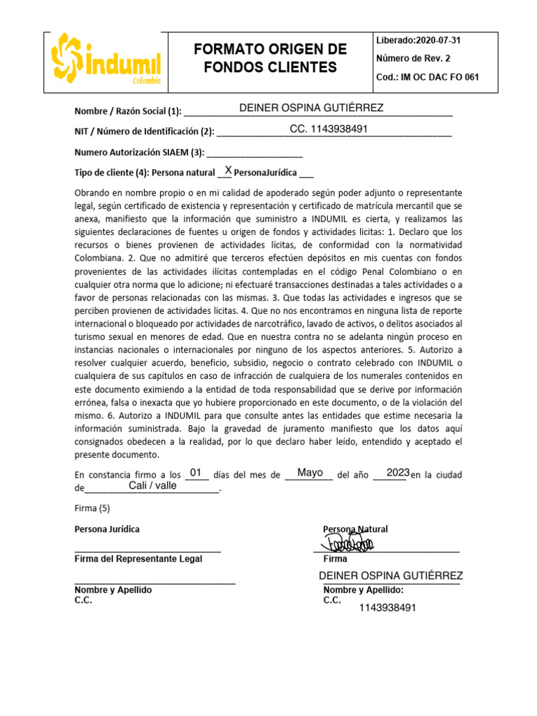 Anexo 29 Im Oc Dac Fo 061 Formato Origen de Fondos Clientes | PDF ...