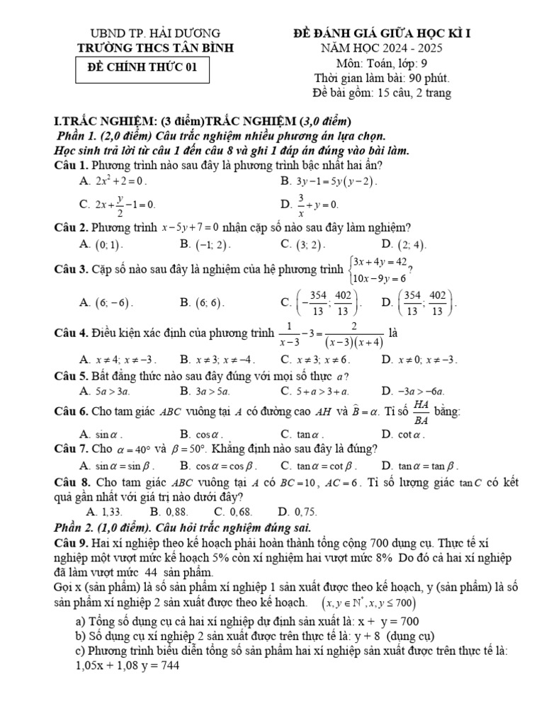 De Giua Hoc Ki 1 Toan 9 Nam 2024 2025 Truong Thcs Tan Binh Hai Duong | PDF