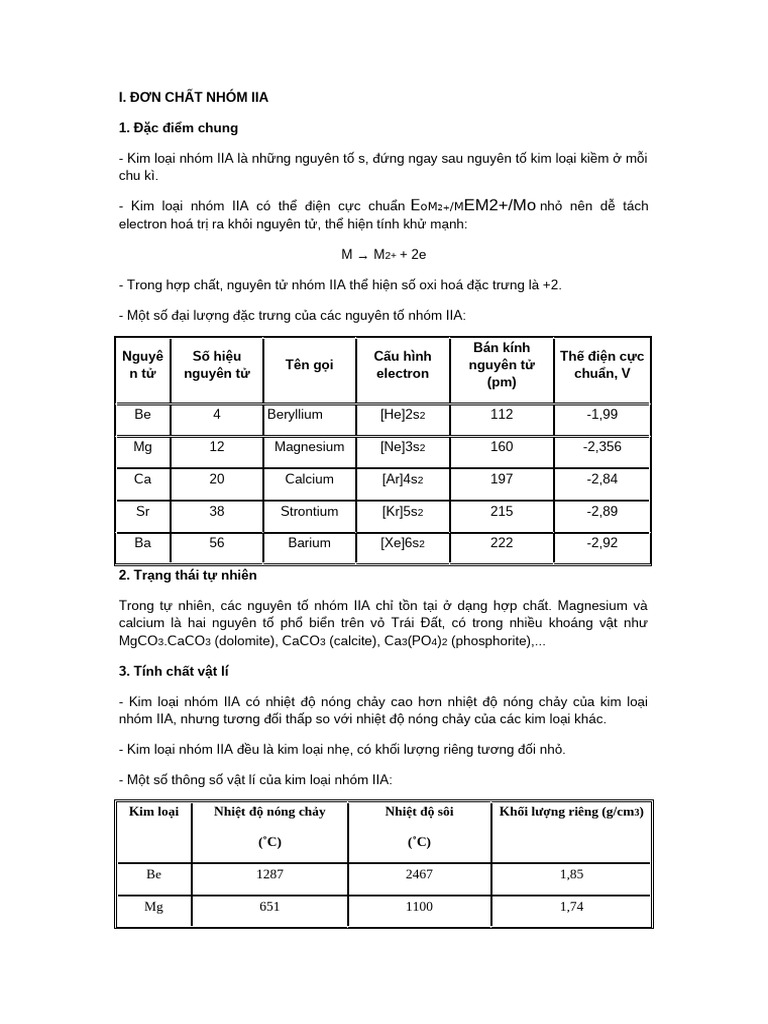 EM2+/Mo: I. Đơn Chất Nhóm Iia 1. Đặc điểm chung | PDF