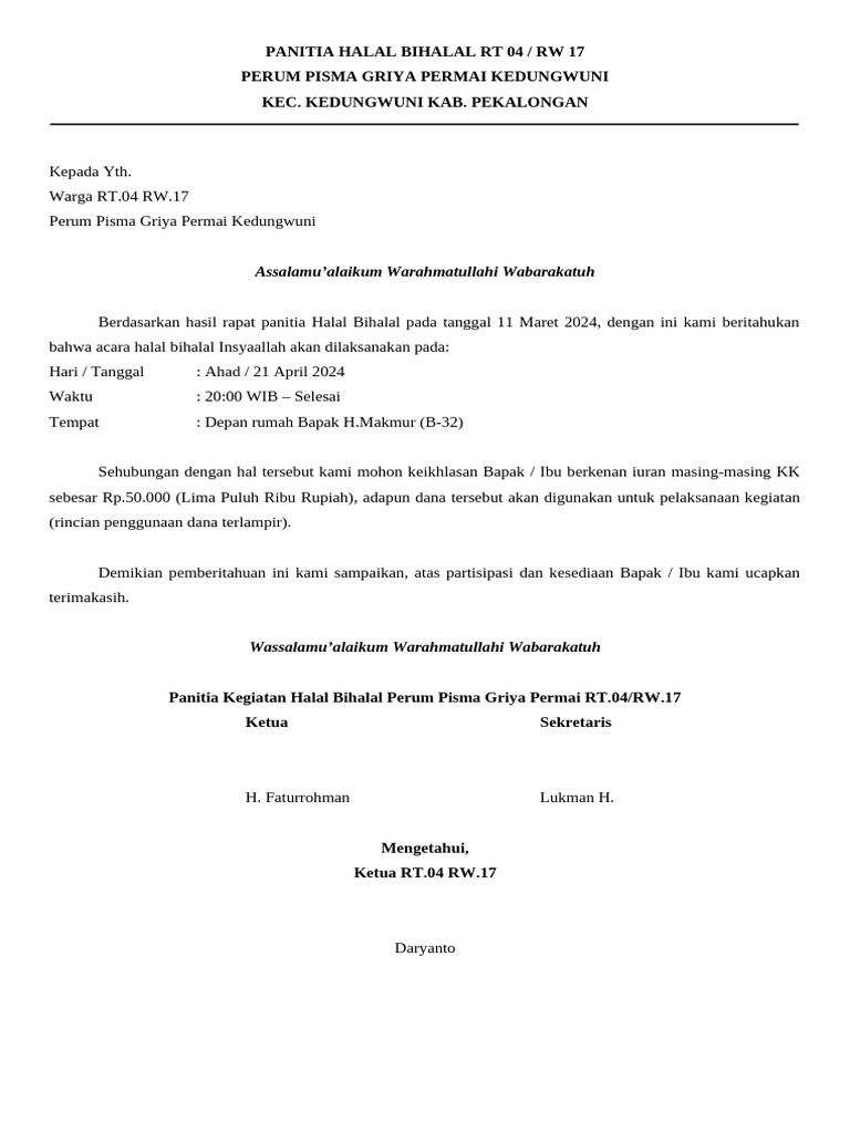 Rencana Halal Bihalal RT 04 RW 17 Kedungwuni | PDF