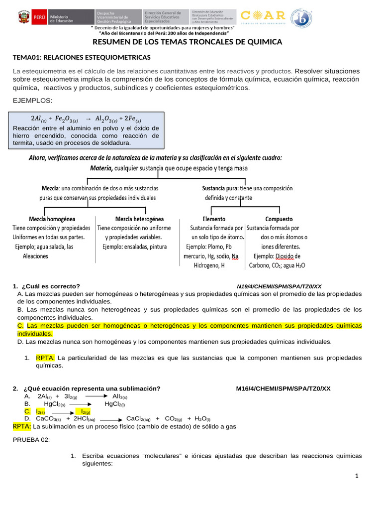 Resumen de Los Temas Troncales de Quimica 5to Año 2022 PD | PDF | Ácido ...