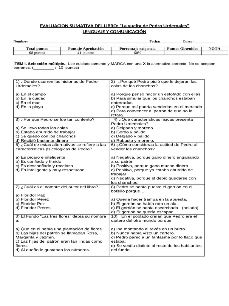 Evaluacion Libro La Vuelta de Pedro Urdemales | PDF
