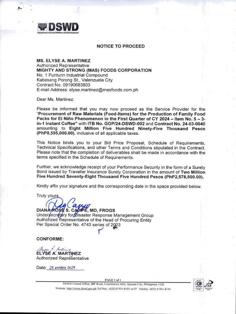 Notice to Proceed for Food Procurement | PDF