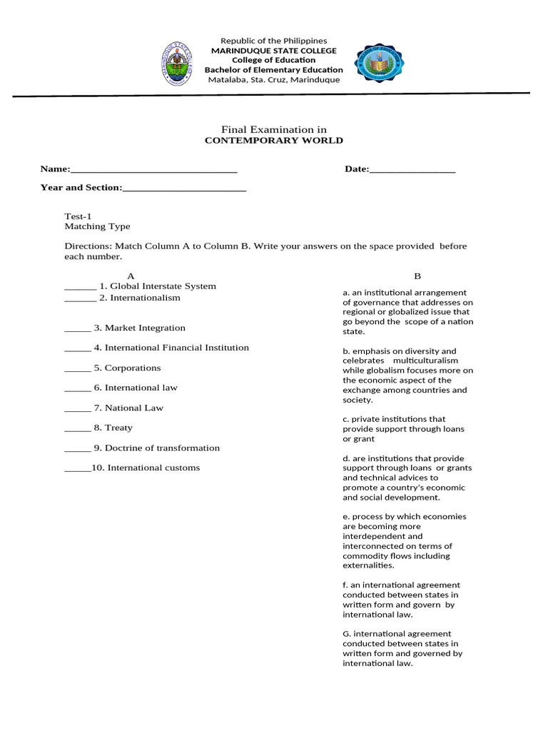 Final Exam New in CONTEMPORARY WORLD 2ND SEM | PDF | United Nations ...