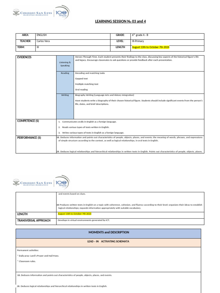 6th Grade English Learning Session Plan | PDF | English Language ...