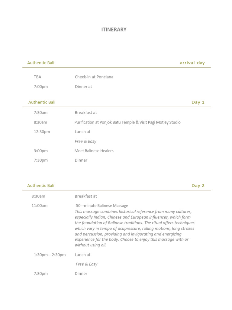 Authentic Bali Itinerary Overview | PDF