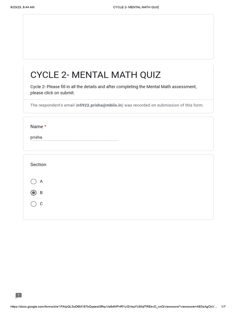 Cycle 2 Mental Math Quiz Assessment | PDF