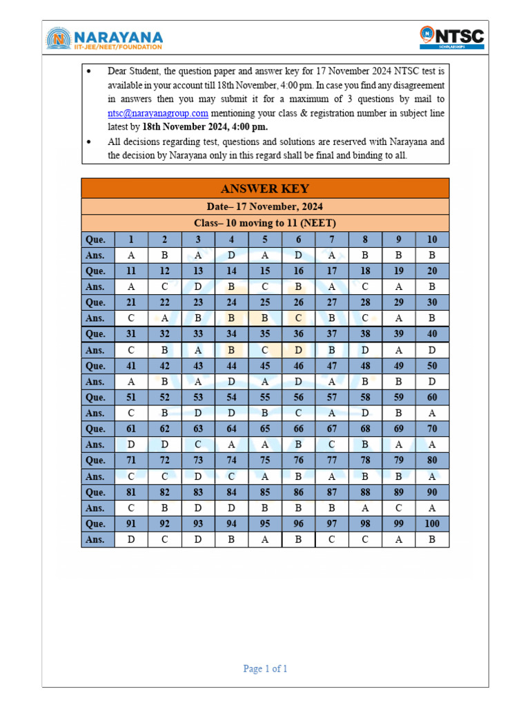 NEET Class 10 Moving To 11 (Set-8) Answer Key 2411170938309389 | PDF