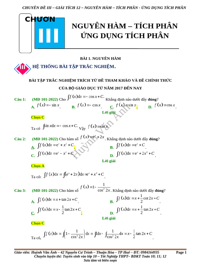01 03-01-02 Gt12 Ciii b1 Nguyên Hàm Trac Nghiem Bo HDG Chi Tiet | PDF