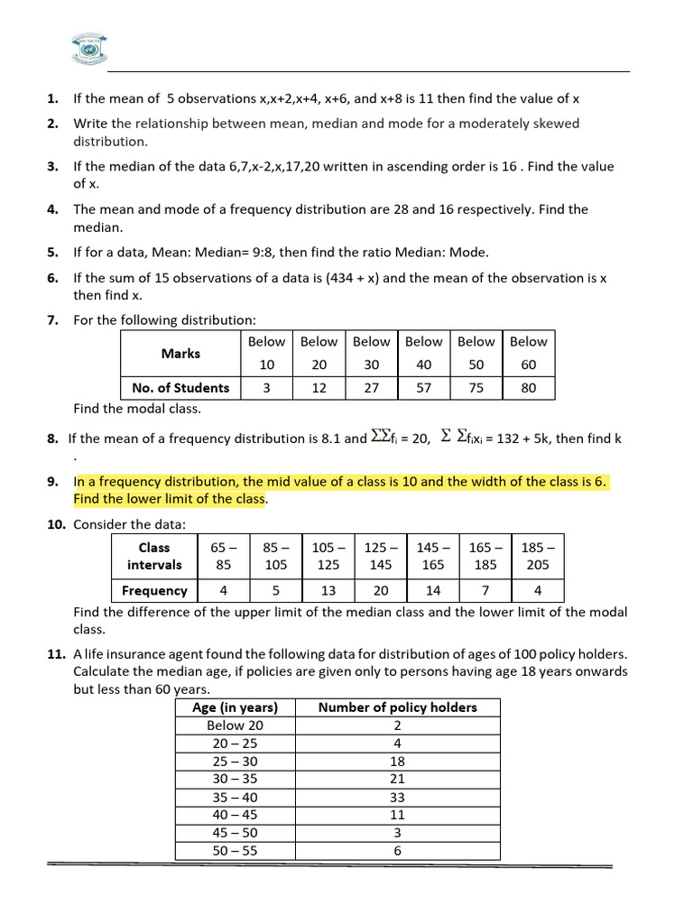 Statistics Practice Questions for Class X | PDF | Mean | Mode (Statistics)
