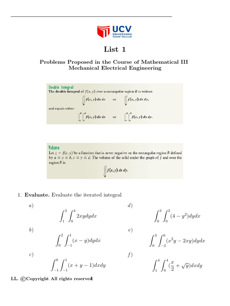 2024 Ing Mec Matematica III (List 01) | PDF | Calculus | Area