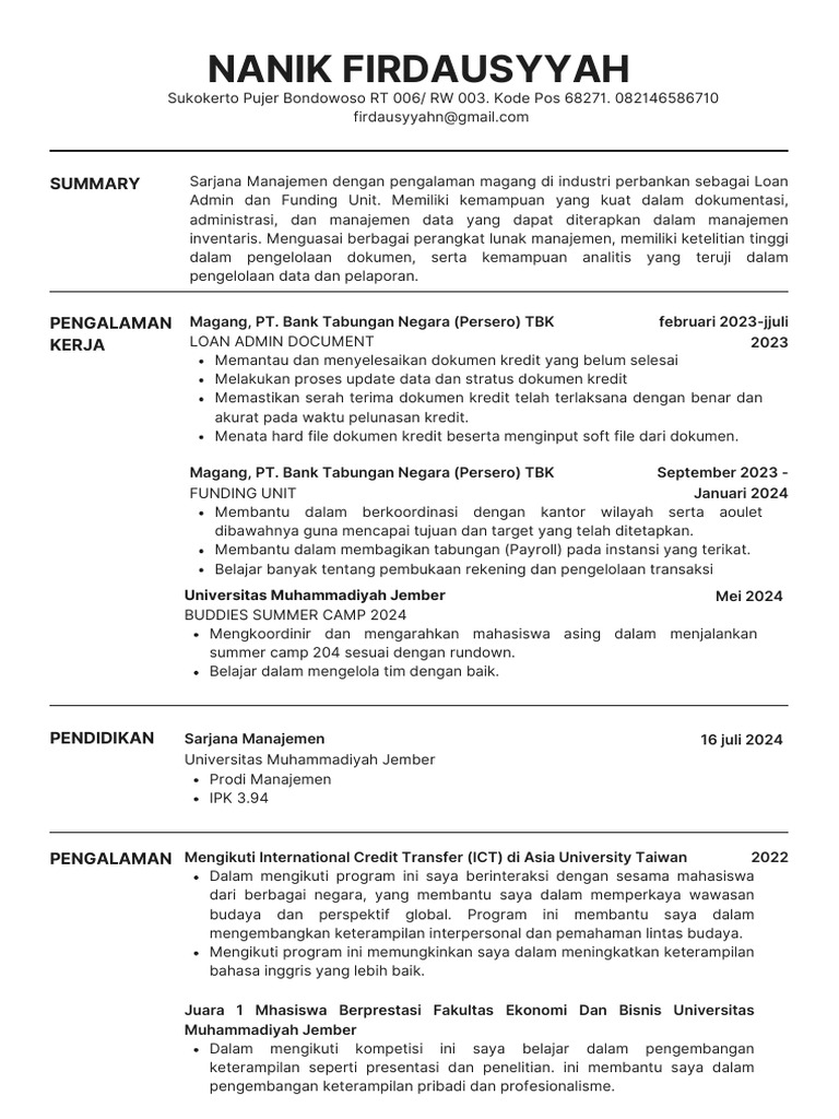 CV Nanik Firdausyyah | PDF