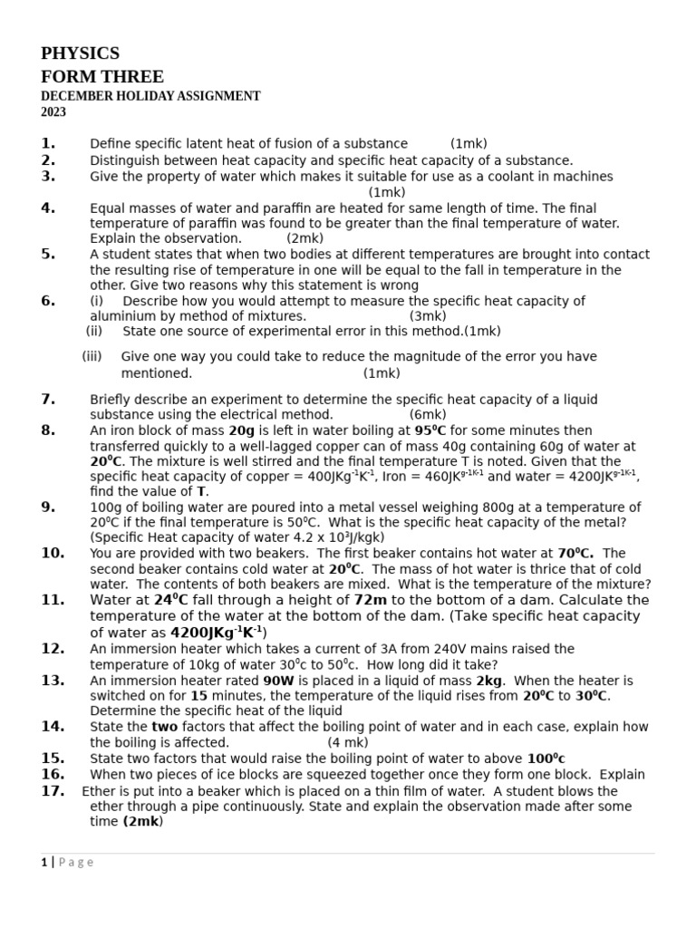 Physics Form 3 Holiday Assignment | PDF | Water | Heat
