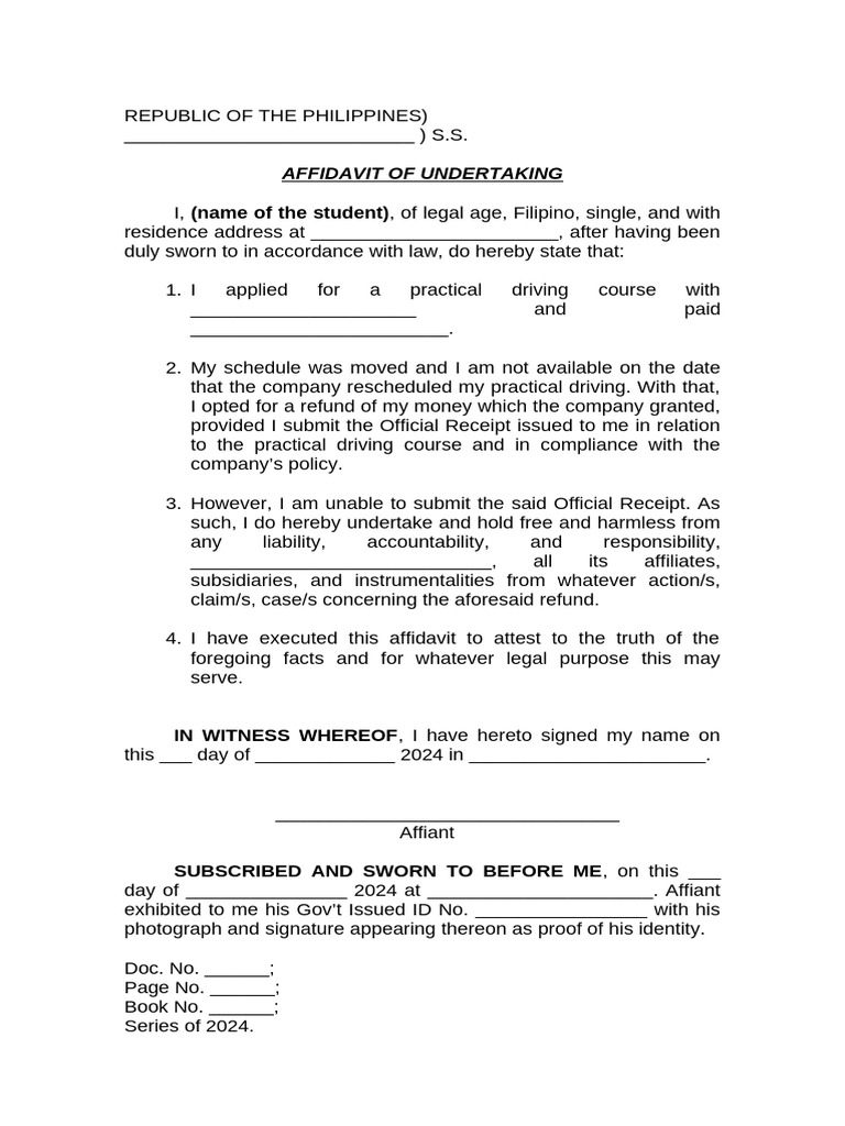 Sample Affidavit of Undertaking | PDF | Business | Finance & Money Management