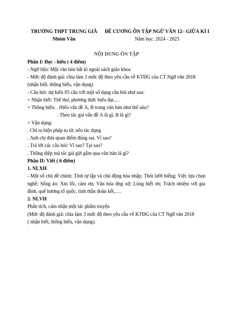 Đề Cương Ngữ Văn 12 - Hki | PDF