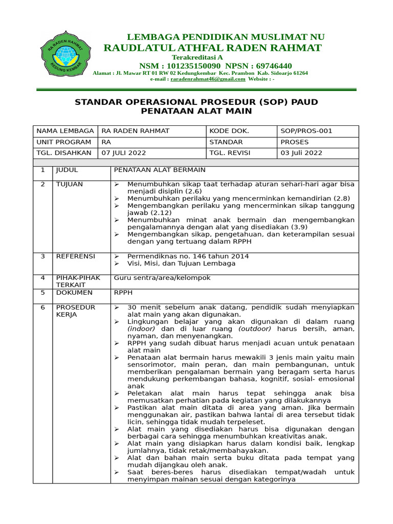 1 Sop Paud Penataan Alat Main | PDF