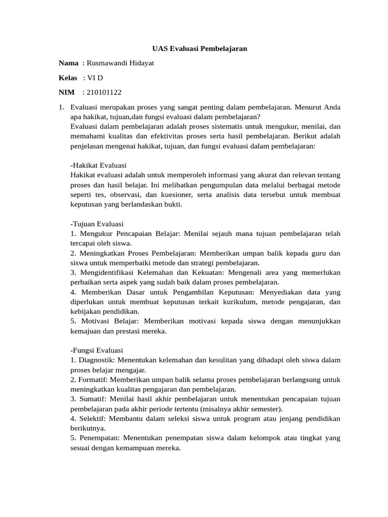 UAS Evaluasi Pembelajaran Nama Kelas NIM | PDF | Seni