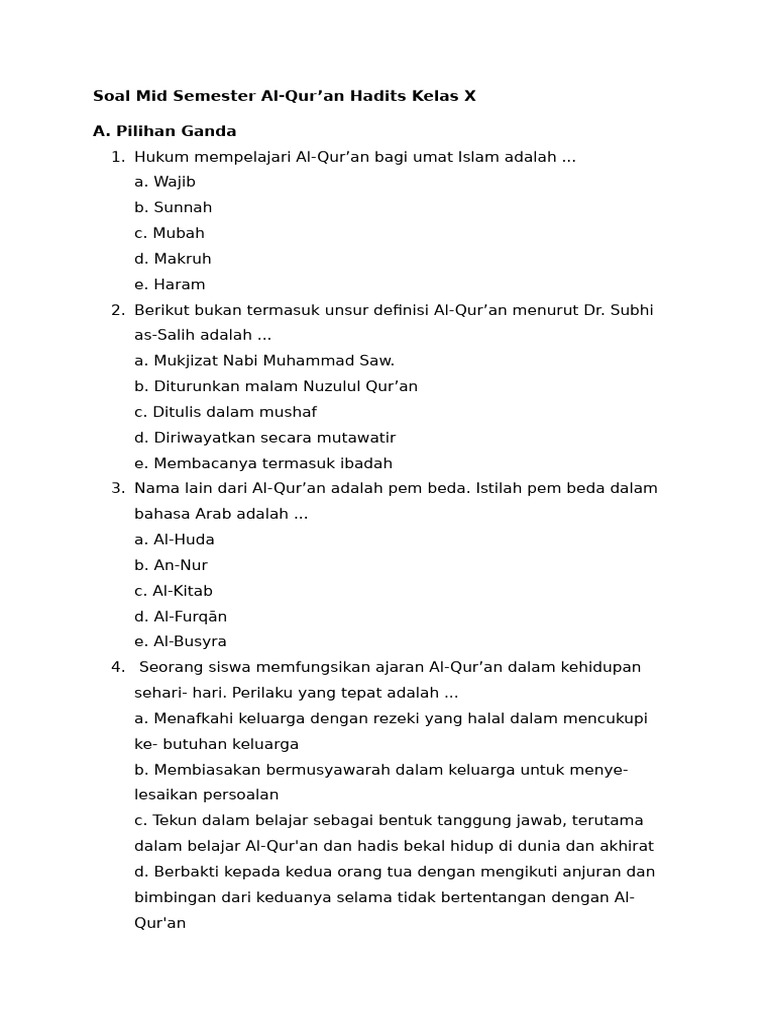 Real Soal Mid Semester Al-Qur'an Dan Hadits Kelas X | PDF