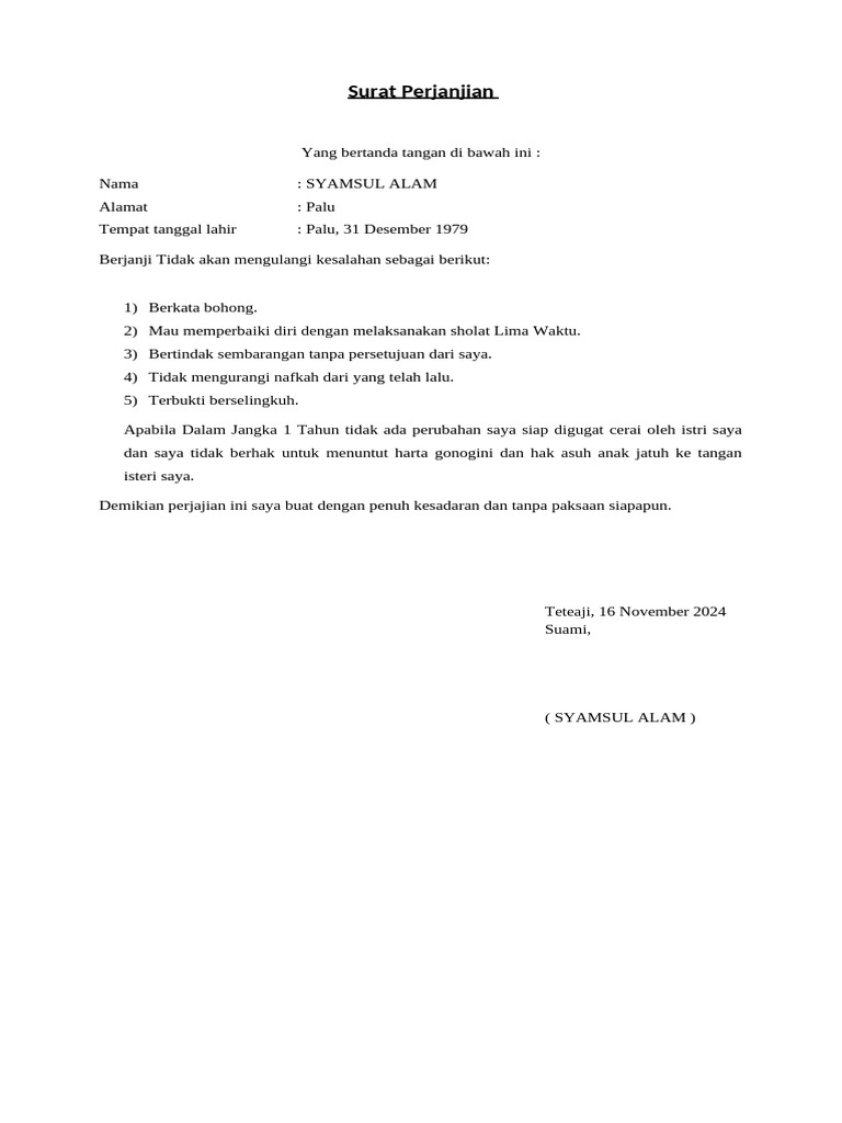 Surat Perjanjian Pra Nikah Sederhana | PDF