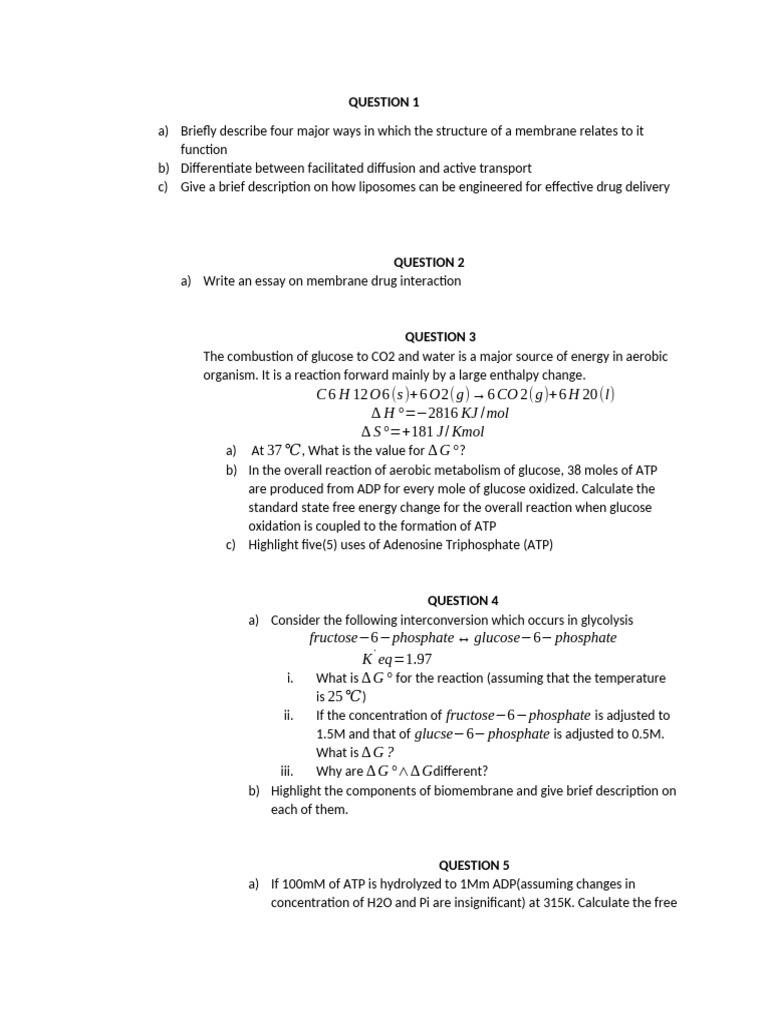 BMT 314 Proposed Exam Questions | PDF | Adenosine Triphosphate | Adenosine Diphosphate