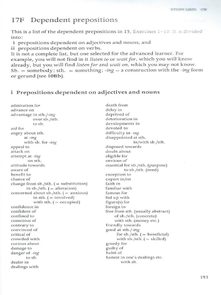 Gethin 17F Dependent Prepositions Study List | PDF