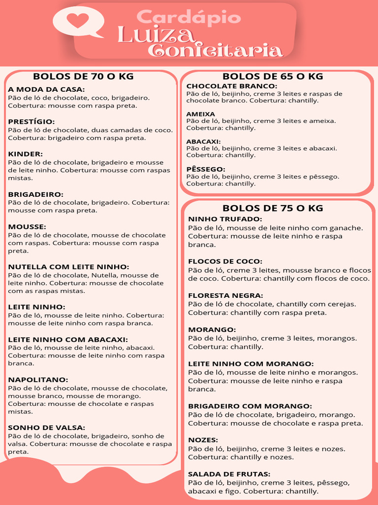 Cardápio da Confeitaria Luiza | PDF | Cobertura (alimento) | Sobremesas
