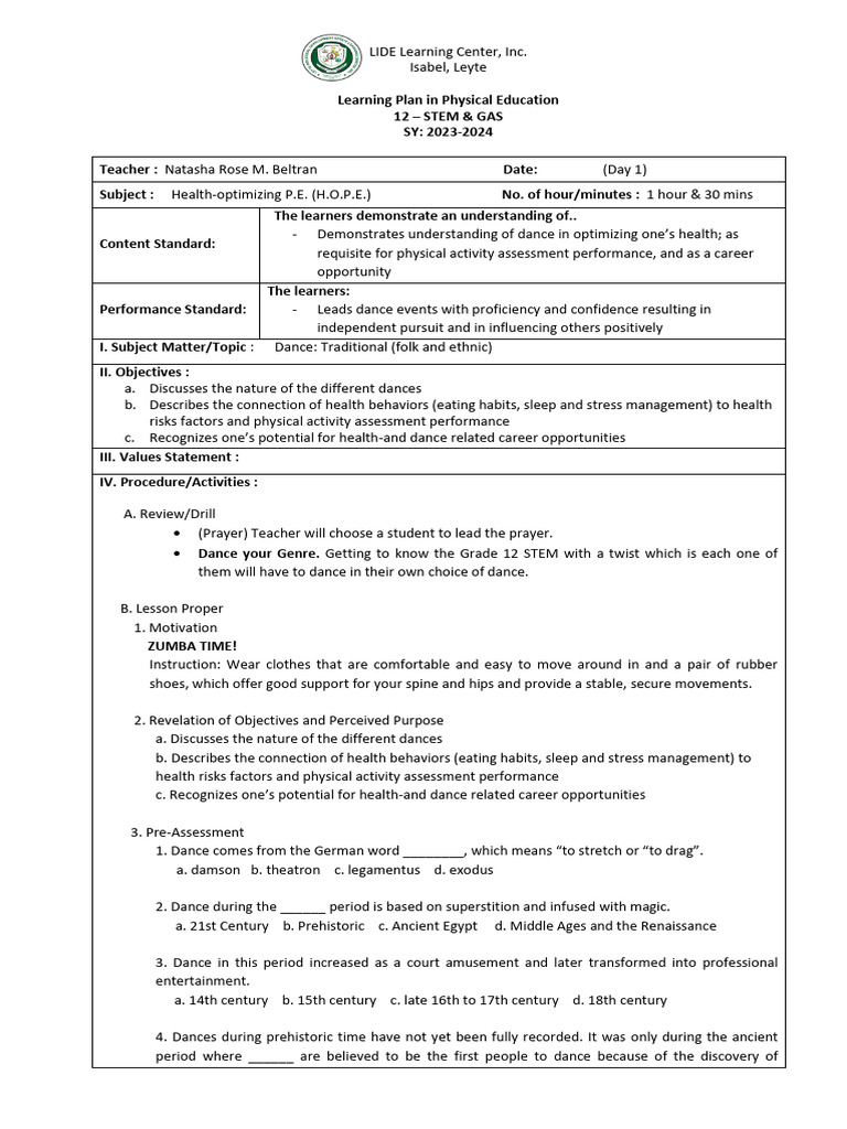 3rd Quarter-Physical Education-Week-1-LP | PDF | Dances | Muscle